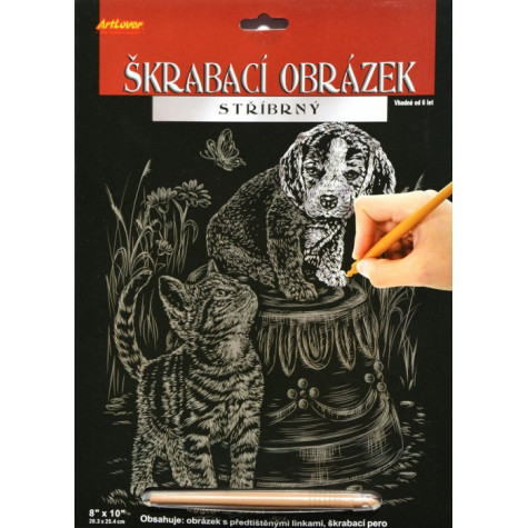 Artlover Škrabací obrázek 20x25cm stříbrný - Kotě a štěně | DárkyHry.cz